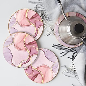 kasader Coasters for Drinks 4 Pcs Cork Coasters Absorbent Heat Resistant Coaster Premium Home Decor Housewarming Gifts - Pink Marble Pattern, 3.93in