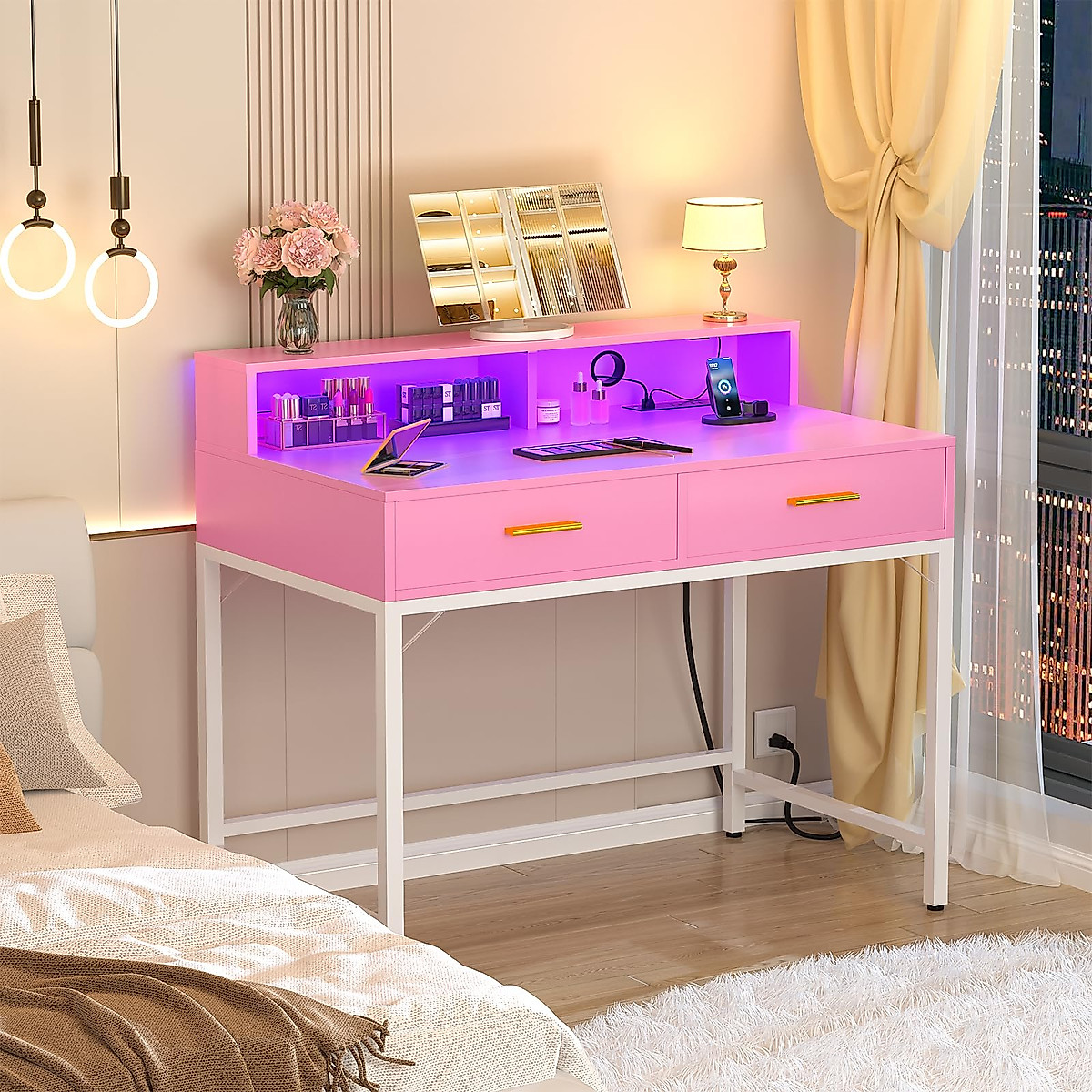 Cyclysio Vanity Desk with Mirror and Lights, 36 Inch Makeup Vanity with 2 Wooden Drawers & Storage Shelves, Pink Small Vanity with Power Outlets and LED Lights for Small Space, Bedroom, Pink