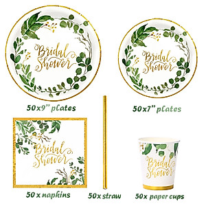 Bridal Shower Decorations Gold and Green Wedding Shower Plates and Napkins Party Supplies for Engagement Wedding the Bride-To-Be Bachelorette Party Favors, Serves 50 Guests