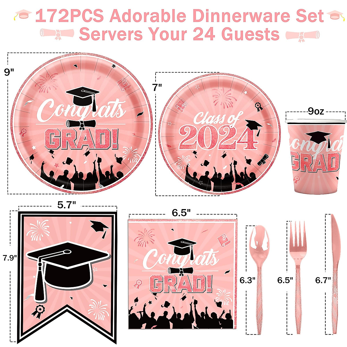 Rose Gold Graduation Decorations, 2024 Graduation Plates and Napkins 2024 Graduation Decorations Class of 2024 for Graduation Party Supplies