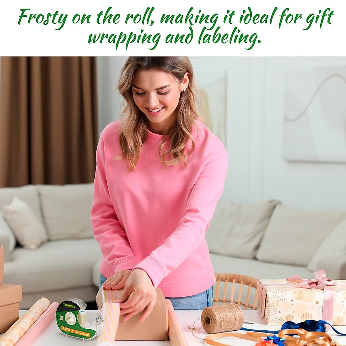 Tape for Wrapping Gifts, 8 Rolls Wrapping Tape for Presents, Frosted Writable Invisible Gift Tape Gift Wrapping Tape with Dispenser,7/10 X 800 Inches