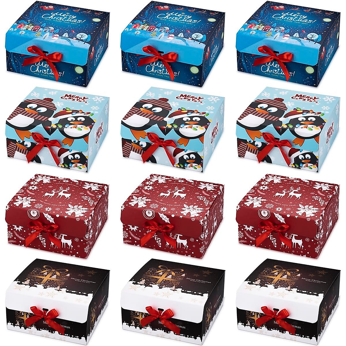 ARTLYMERS Christmas Gift Boxes with Lids, 12 Pack Gift Boxes and Red Ribbon Christmas Themed Pattern Small Gift Boxes for Christmas Presents Gifts Easy Assemble