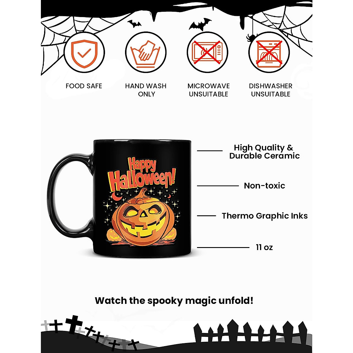 Cessfle Halloween Pumpkin Color Changing Mug, 11oz Halloween Heat Changing Coffee Mugs, Funny Halloween Mugs, Halloween Gifts For Kids Adult