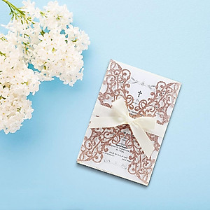 KALOPEZY 50PCS Wedding Invitation,Rose Gold invitations,Gold Powder Floral Laser Cut with Blank Inner Sheet, Envelopes and Ribbons for Party Wedding Engagement Bridal Bridal Shower Invite (Rose Gold)