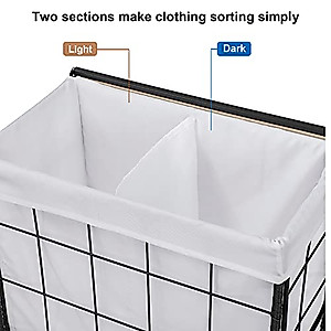 Laundry Hamper with Wood Lid and Divided Liner Bag; Durable Laundry Basket with Heavy Duty Rolling Lockable Wheels; Clothes Hamper with Removable Liner Bag; Laundry Sorter with Metal Handle (White)