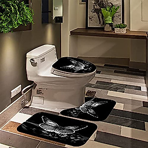 Black Butterfly 4PCS Shower Curtain Sets with Non-Slip Rugs, Toilet Lid Cover and Bath Mat, Durable Waterproof Shower Curtains with 12 Hooks (Black Butterfly)