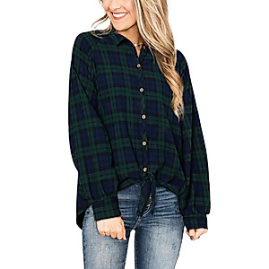 Remidoo Women's Long Sleeve Tie Knot Collared Button Down Plaid Flannel Shirt Green Small
