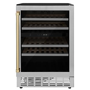 ZLINE 24" Autograph Edition Dual Zone 44-Bottle Wine Cooler in Stainless Steel with Wood Shelf and Champagne Bronze Accents (RWV-UD-24-CB)