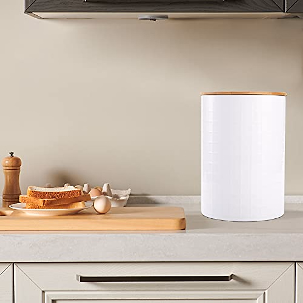 Fasmov 3 Pack Kitchen Canisters with Bamboo Lids, Perfect Coffee Tea Food Storage Candy Sugar Canisters, Modern Design Jar Kitchen Container, Airtight Metal Canister Set (White)