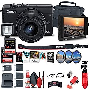 Canon EOS M200 Mirrorless Digital Camera with 15-45mm Lens (Black) (3699C009), 4K Monitor, 2 x 64GB Memory Card, Case, Filter Kit, Corel Photo Software, 3 x LPE12 Battery + More (Renewed)