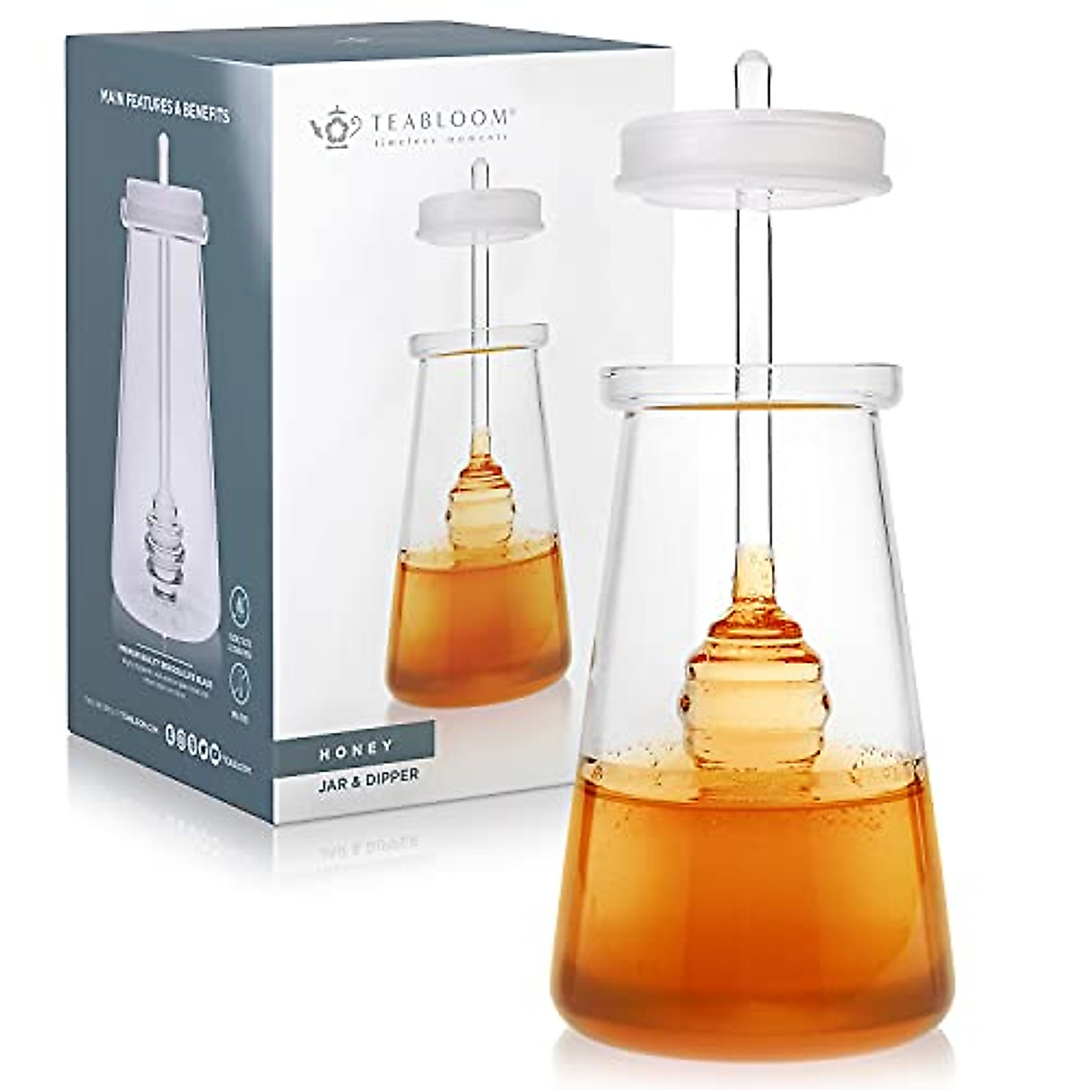 Teabloom Modern Honey Jar with Dipper and Sealing Lid - Hand-crafted with Highly Hygienic, Non-Porous Borosilicate Glass