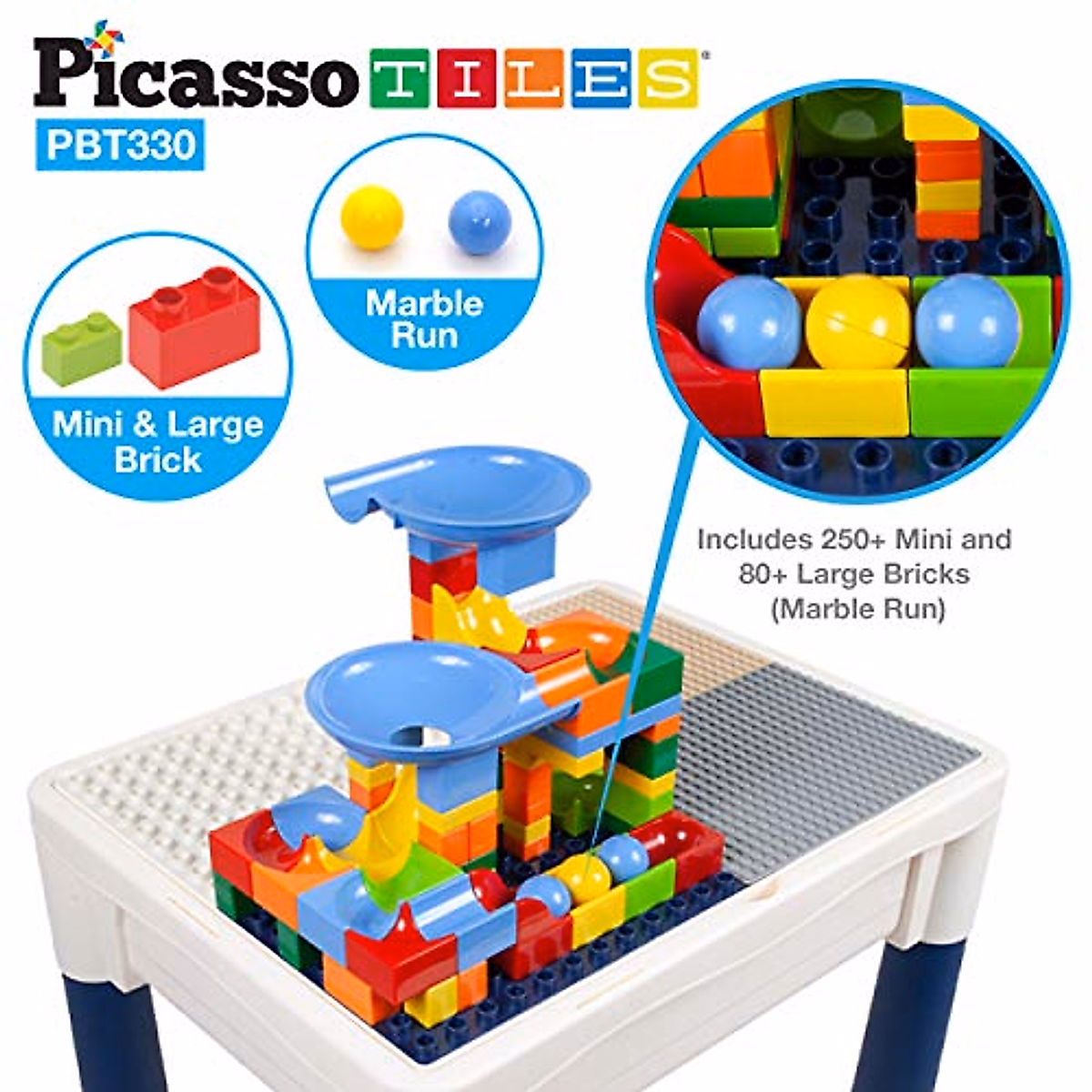 PicassoTiles Kids Activity Center Play Table & Study Desk Set Sandbox Water Tight Container Storage All-in-1 STEM Toy Kit Playset with 331pc Dual Size Building Bricks Construction Blocks Marble Run