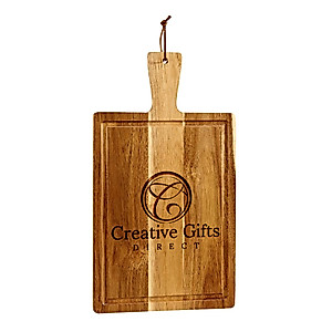 Creative Gifts International Acacia Wood Carving Board, Charcuterie Board With Handle And Lanyard, Beveled Edge, 17" x 9.75", Cutting Board Wedding Gift, Customized & Personalized Image Or Logo