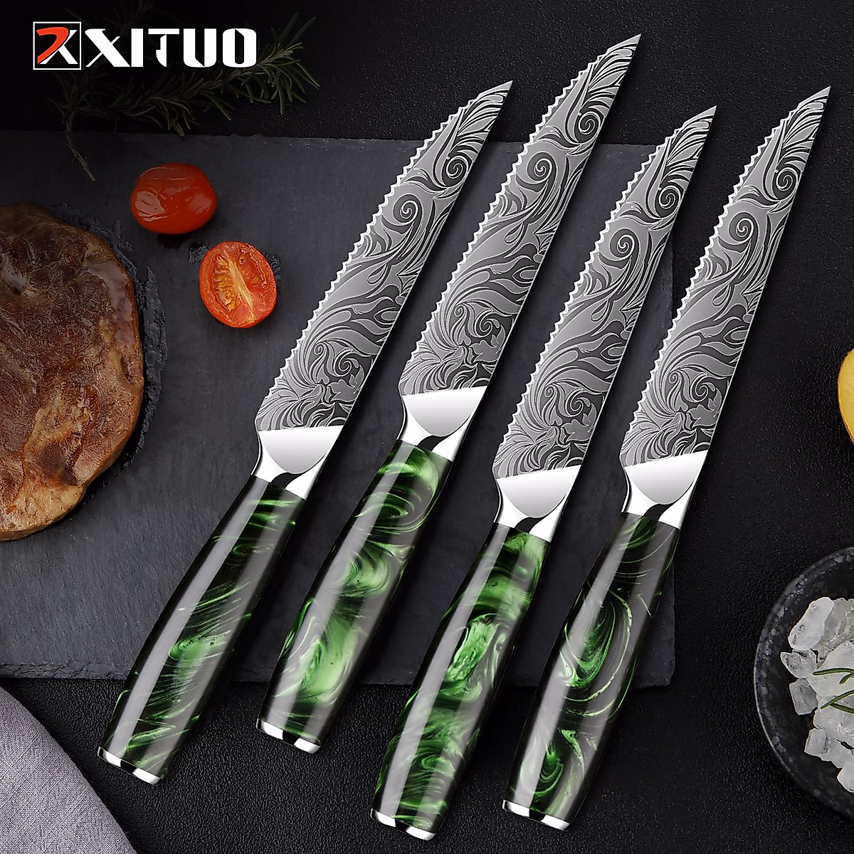 XT XITUO Serrated Steak Knife Set w/Beautiful Engraved Pattern - 6PC Premium 4.5 inch Steak Knives, German Steel Knife Table Dinner Knife w/Emerald Green Resin Handle for Home Restaurant