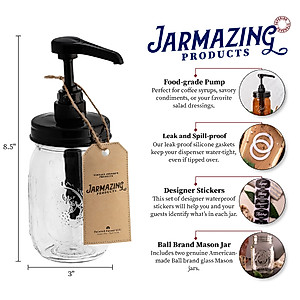 Jarmazing Products Mason Jar Syrup Dispenser - Set of 2 – 16 oz Ball Jars with Rust-Proof, Leak-Proof, Food Grade Pumps for Honey, Syrups, Condiments, Salad Dressings and More