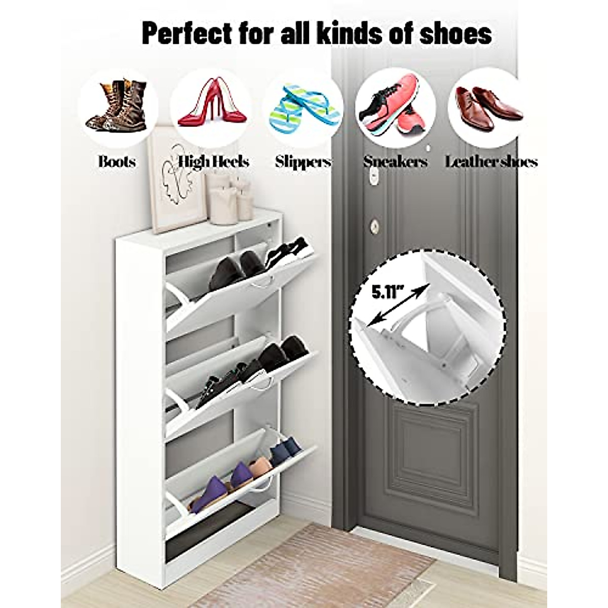 HOPUBUY Shoe Cabinet for Entryway, White Narrow Shoe Storage Cabinet Flip Down Shoe Rack Wood 3 Tier Shoe Organizer for Home and Apartment