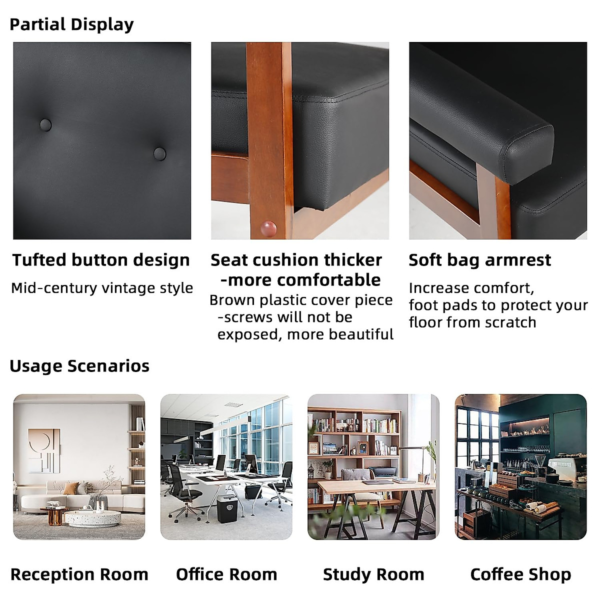 STHOUYN 50”W Black Faux Leather Small Office Couch Loveseat Sofa with Wood Arms, Mid Century Modern Love Seat Sofas Lounge Armchair Living Room Bedroom (Black (loveseat))