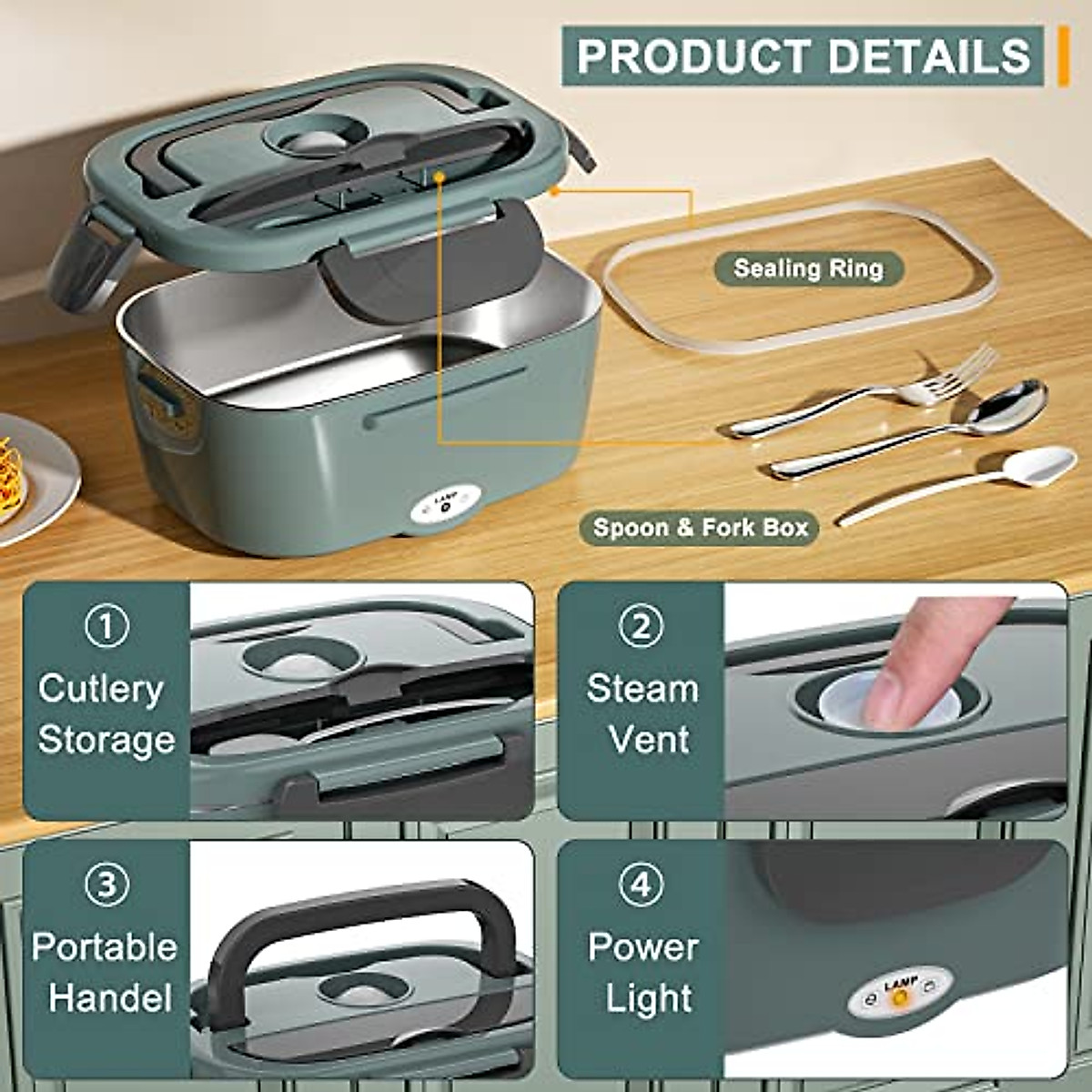 Monteka Electric Lunch Box Food Heater - Leakproof Portable Food Warmer heated lunch box for adults for Car/Home/Truck with 1.5L Removable Stainless Steel Container, 80W, 12V/24V/110V, Green