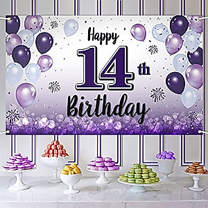 LASKYER Happy 14th Birthday Purple Large Banner - Cheers to Fourteen Years Old Birthday Home Wall Photoprop Backdrop,14th Birthday Party Decorations.