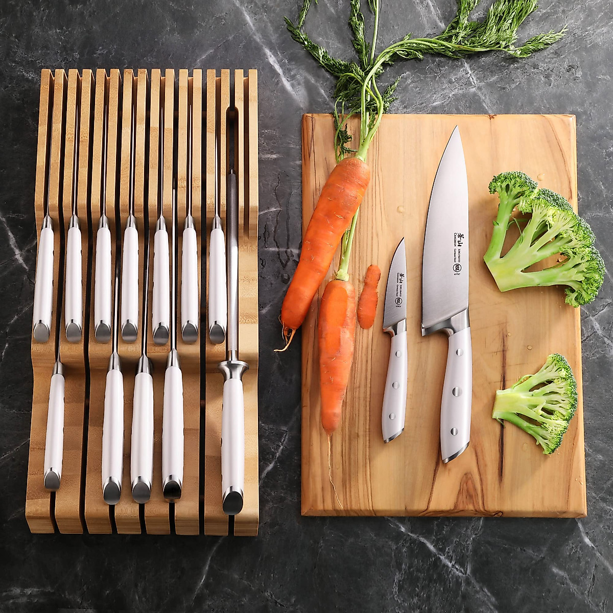 Cangshan ALPS Series 502827 German Steel Forged 15-Piece In-Drawer Knife Set with Bamboo Tray, (White)