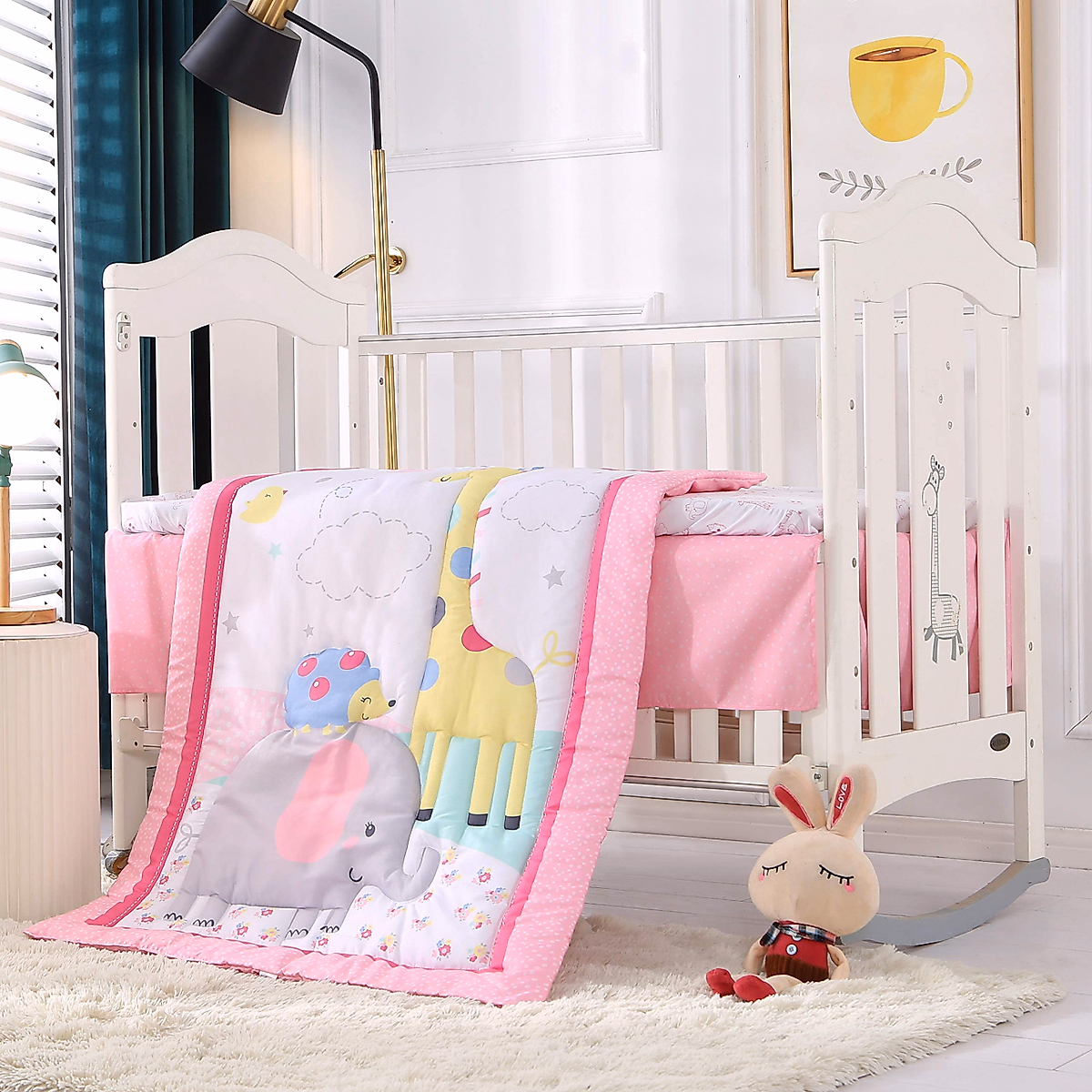 VIVILINEN Pink Elephant Crib Bedding Set for Girls 3 Pieces Giraffe Hedgehog Animals Infant Nursery Baby Crib Comforter Set with Crib Bed Blanket Quilt Fitted Sheet Skirt Set