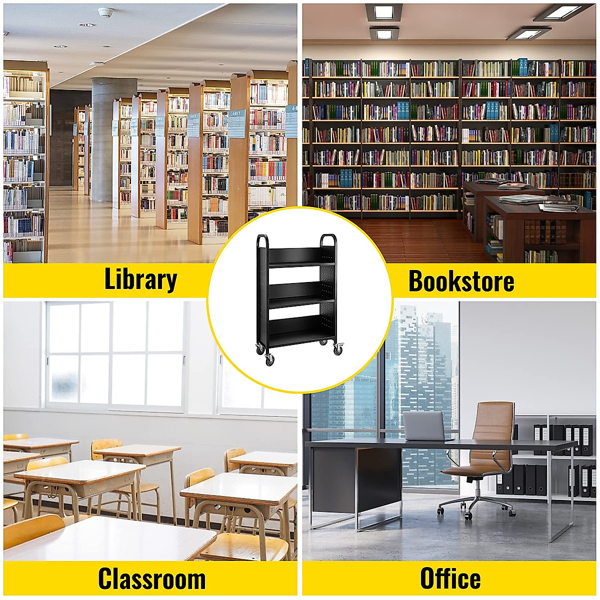 BestEquip Book Cart, 200LBS Library Cart, 49.2''x29.5''x13.8'' Rolling Book Cart, Single Sided L-Shaped Flat Shelves with Lockable Wheels for Home Shelves Office School Book Truck Black