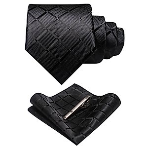 JEMYGINS Plaid Black Tie and Pocket Square Hankerchief Mens Silk Necktie with Tie Clip Sets(2)