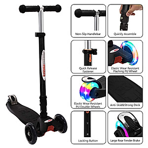 ChromeWheels Scooters for Kids, Deluxe Kick Scooter Foldable 4 Adjustable Height 132lbs Weight Limit 3 Wheel, Lean to Steer LED Light Up Wheels, Best Gifts for Girls Boys Age 3-12 Year Old, Black