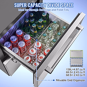 VEVOR 24 inch Undercounter Refrigerator, 2 Drawer Refrigerator with Different Temperature, 4.87 Cu.ft. Capacity, Waterproof Indoor and Outdoor Under Counter Freezer Fridge for Home and Commercial Use