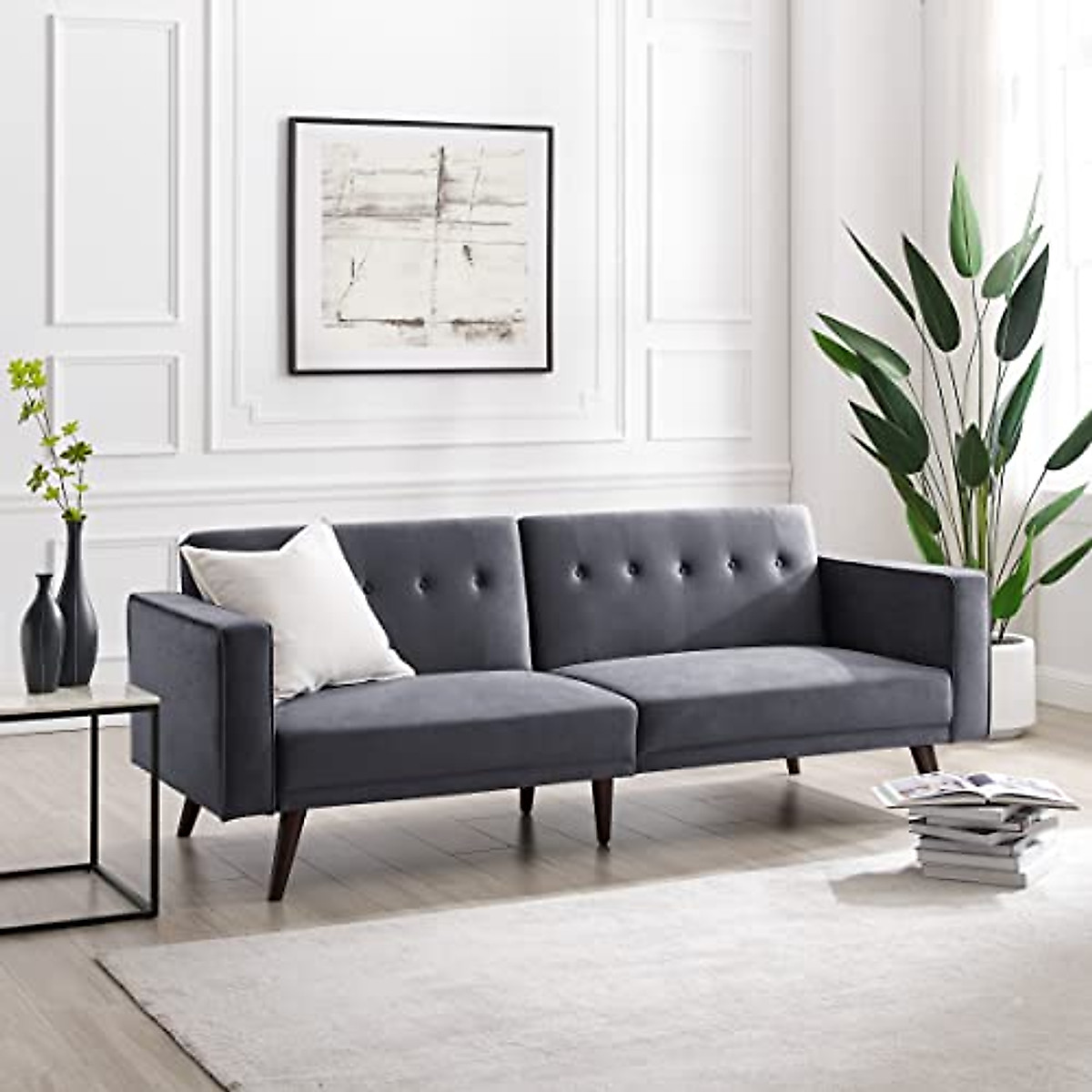 Hbaid 85.43" Velvet Sofa Bed, Grey Couch Convertible Sleeper Sofa with Tapered Wood Legs and Armrest, Modern Loveseat Couches for Living Room, Bedroom