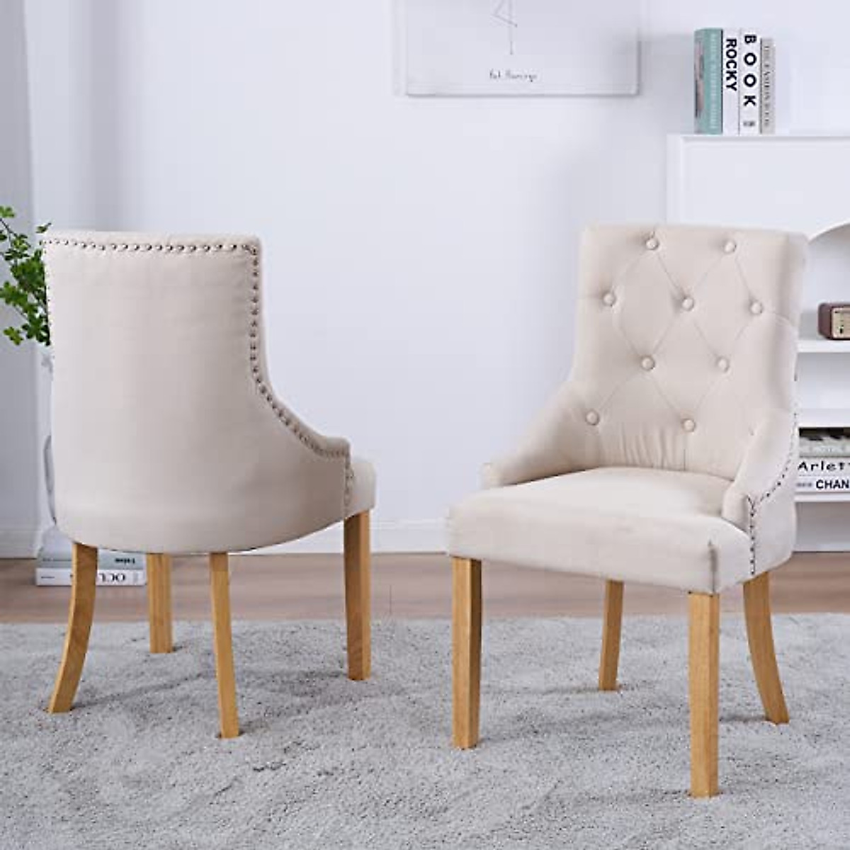 nozama Upholstered Dining Chairs Set of 2 Elegant Tufted Fabric Parsons Chair with Solid Wood Legs (Dark Beige)