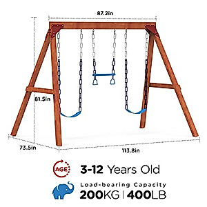 Dolphin Playground Wooden Swing Sets for Backyard, Family DIY Kit for Any Swings, Outdoor Playset for Kids with Trapeze Swing Bar and 2 Belt Swings, Heavy Duty Playground Accessories, Ages 3-12