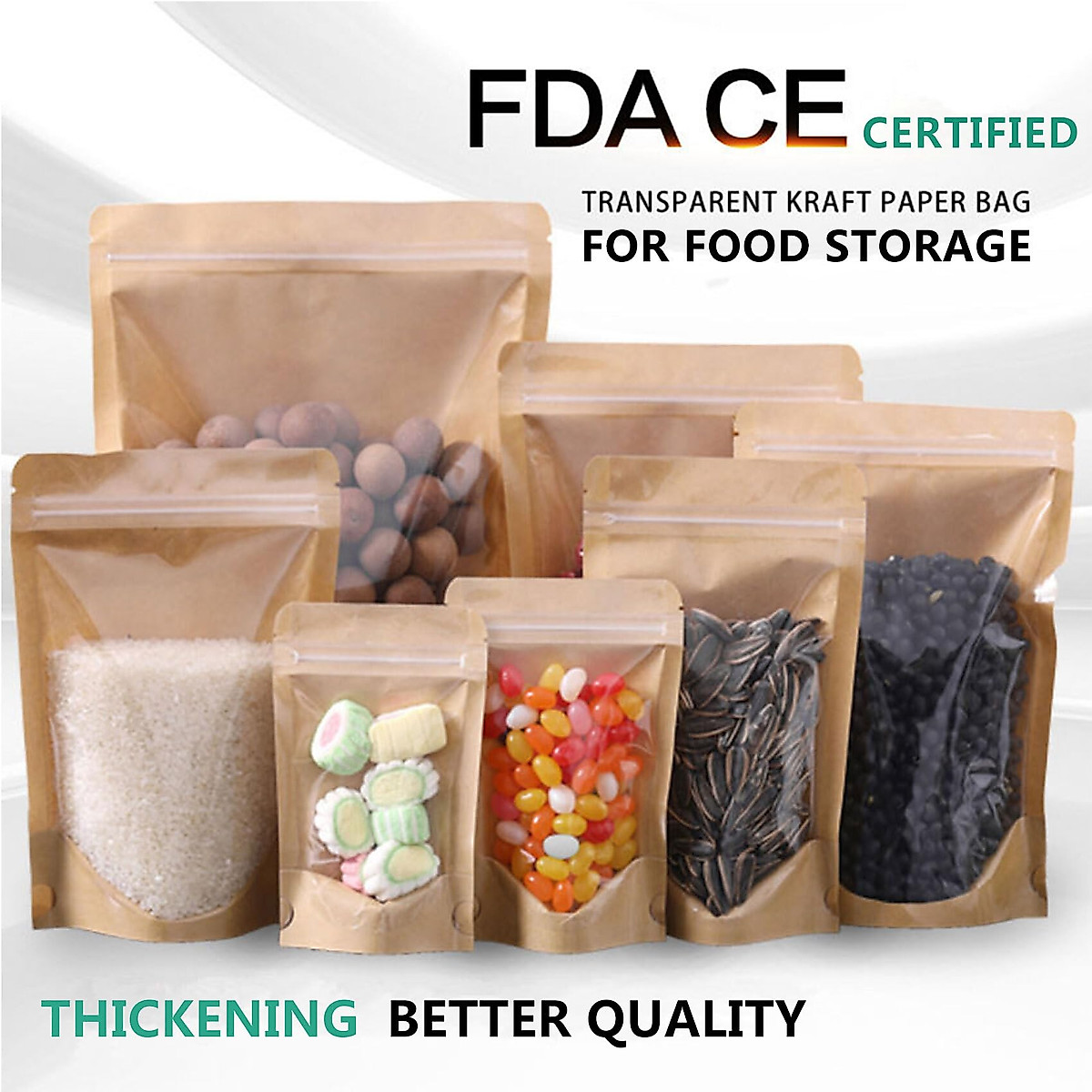 HIBCIGA 50pcs Kraft Bags With Window Clear Fornt Pouches Resealable Stand Up Zip Lock Food Storage Bags Brown 4.7"x7.8"