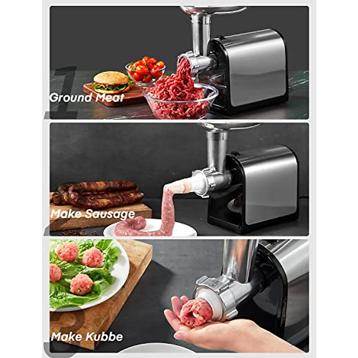 Electric Meat Grinder, 2600W Max Meat Grinders for Home Use, HOUSNAT 3 in 1 Heavy Duty Meat Mincer with 2 Blades and 3 Plates, Sausage Stuffer Tube & Kubbe Kit, Stainless Steel