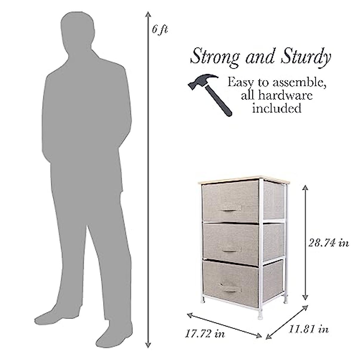 Simplify 3 Tier Vertical Storage Chest | Dresser | Nightstand | Fabric Drawers | Sturdy Steel Frame | Organizer | Bedroom | Closet | Easy to Assemble | Beige