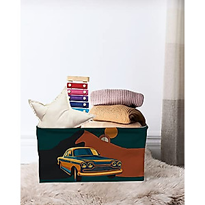 Storage Basket Boho Driving Car and Mountain Storage Bin with Handles,Abstract Geometry Arch Sun Collapsible Organizer Storage Cubes Bins for Closet,Laundry Clothes,Bathroom,Nursery Toys