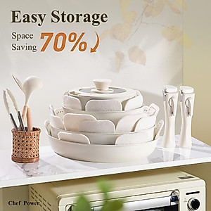 Chef Power Ceramic Cookware Set with Detachable Handles, Healthy Nonstick Pans and Pots Set 19 Pcs, Induction Dishwasher Oven Safe Kitchen Set, PFAS PFOA & PTFE Free, Cream White