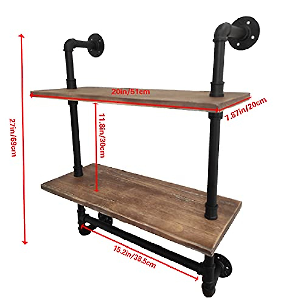 LooftMate Industrial Pipe Shelf,2 Tiered Metal Towel Racks for Bathroom,20" Industrial Pipe Floating Shelves Shelving,Rustic Wood Wall Mount Shelf with Towel Bar,Iron Towel Holder