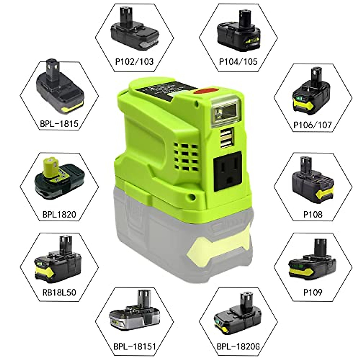 Portable Power Inverter for Ryobi 18V Battery 200LM LED Flashlight 150W Inverters Generator Power Source for 18V 2 USB AC Output, DC 18V to AC 110~120V（Tool ONLY） Green