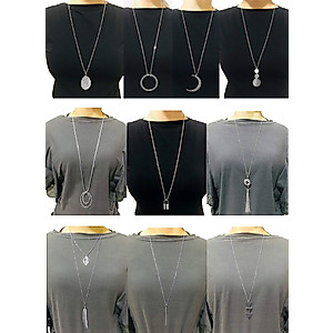 Ofeiyaa 10Pcs Long Pendant Necklace Simple Moon Bar Three Triangle Tassel Lock Sweater Y Shape Punk Chain Choker Necklace for Adults Women Silver Tone