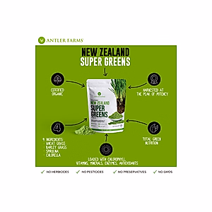 Antler Farms - 100% Pure Organic New Zealand Super Greens Powder, 40 Servings, 200g - Wheat Grass, Barley Grass, Chlorella, Spirulina - Vegan, Gluten Free, Chlorophyll Rich, for Energy and Detox