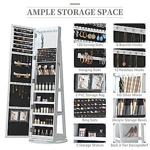 LVSOMT LED Mirror Jewelry Cabinet Standing, 360° Swivel Jewelry Organizers and Storage, Farmhouse Mirror with Jewelry Storage, Lighted Jewelry Armoire with Full Length Mirror (Pure White)