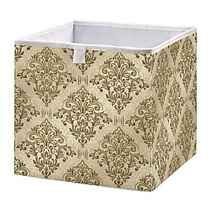 European Style Vintage Gold Collapsible Open Storage Bins, Foldable Toy Nursery Storage Basket Bin Cloth Cube Rectangular Organizer with Handles for Shelves Closet Home Decor