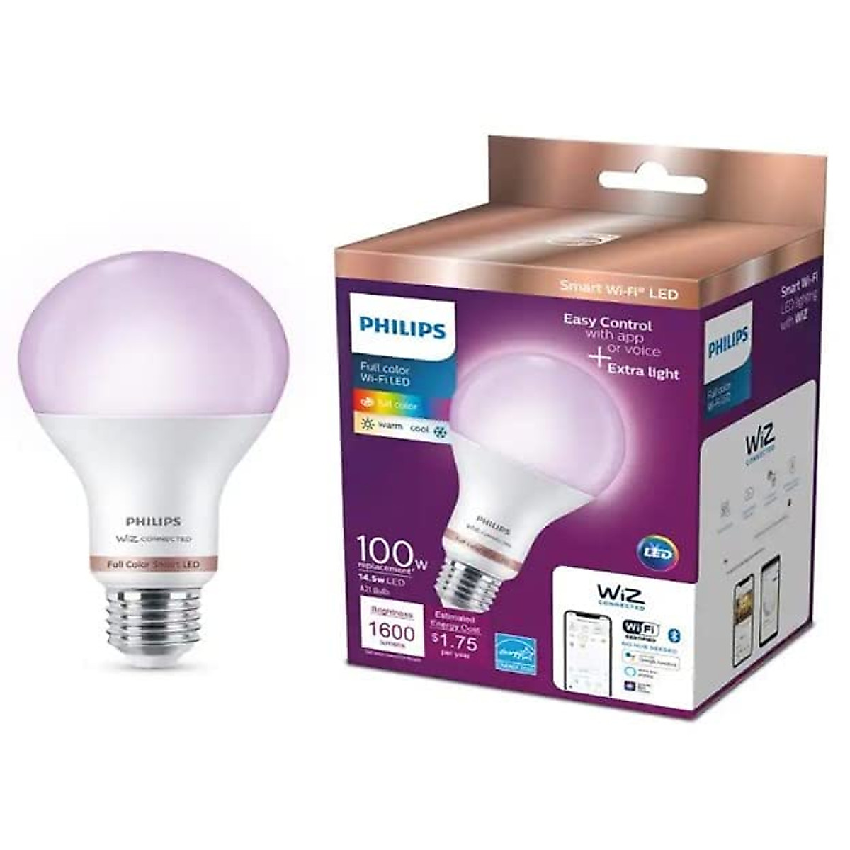 Philips Color and Tunable White A21 LED High Lumen 100W Equivalent Dimmable Smart Wi-Fi Wiz Connected Light Bulb, Compatible with Alexa, Google Assistant, and Siri Shortcuts (2-Pack) (9290024493)