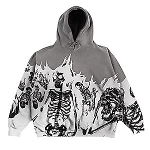 Easyoyo Skeleton Hoodie for Men Women, Gothic Y2K E-Girl Oversize Block Color Hooded Sweatshirt
