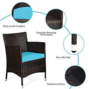 Goplus 4-Piece Rattan Patio Set, Outdoor/Indoor Wicker Conversation Set for Pool, Backyard, Lawn, Wicker Chairs and Sofa with Soft Cushion, Rattan Furniture with Tempered Glass Coffee Table
