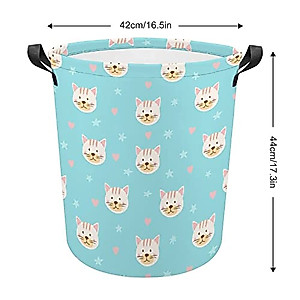 Cat Faces and Stars Foldable Laundry Basket Waterproof Hamper Storage Bin Bag with Handle 16.5"x 16.5"x 17"