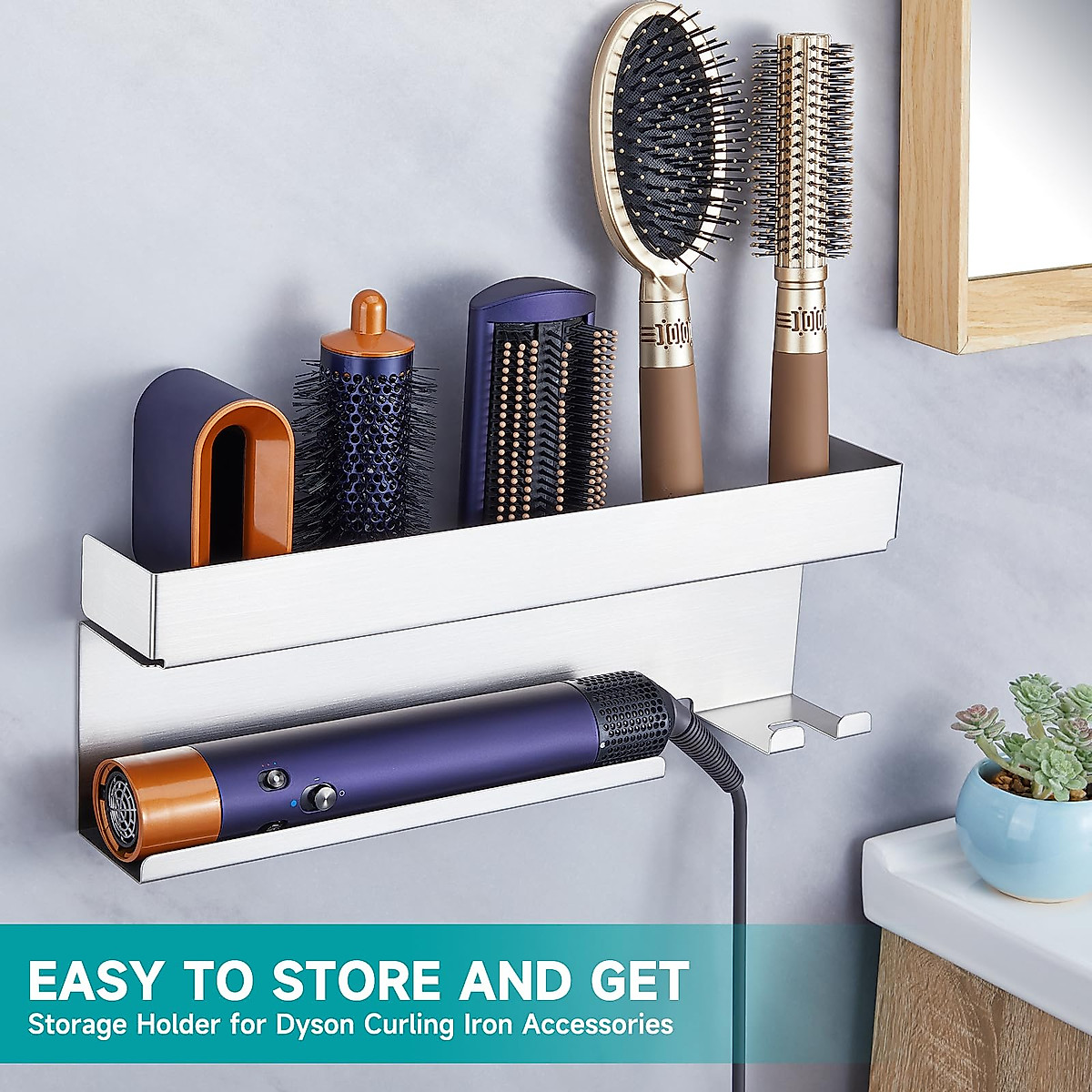 XILIMEN Hair Dryer Holder, Storage Holder for Curling Iron Accessories, Straightener Holder Wall Mounted Rack Bracket Stand with Adhesive, Stainless Steel Curling Iron Holder Organizer for Home Bath