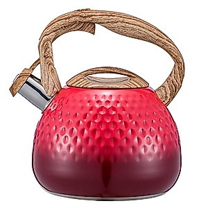 Tea Kettle, Stovetop Teapot, 2.7 Quart, Loud Whistle, Food Grade Stainless Steel and Smooth Wood Pattern Handle, Sophisticated Look for Hiking, Picnic, for Tea, Coffee, Milk (Red)