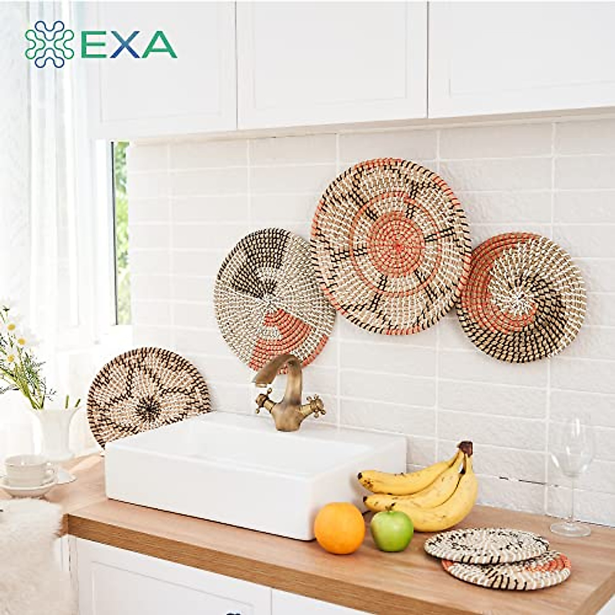 EXA Set of 6 Seagrass Wall Basket Cosmos Decor - Boho Farmhouse Rustic Room Style - for Thanksgiving Christmas Hanging Wall Art, Gift Idea, Table Settings - Handmade, Round, Natural Wicker